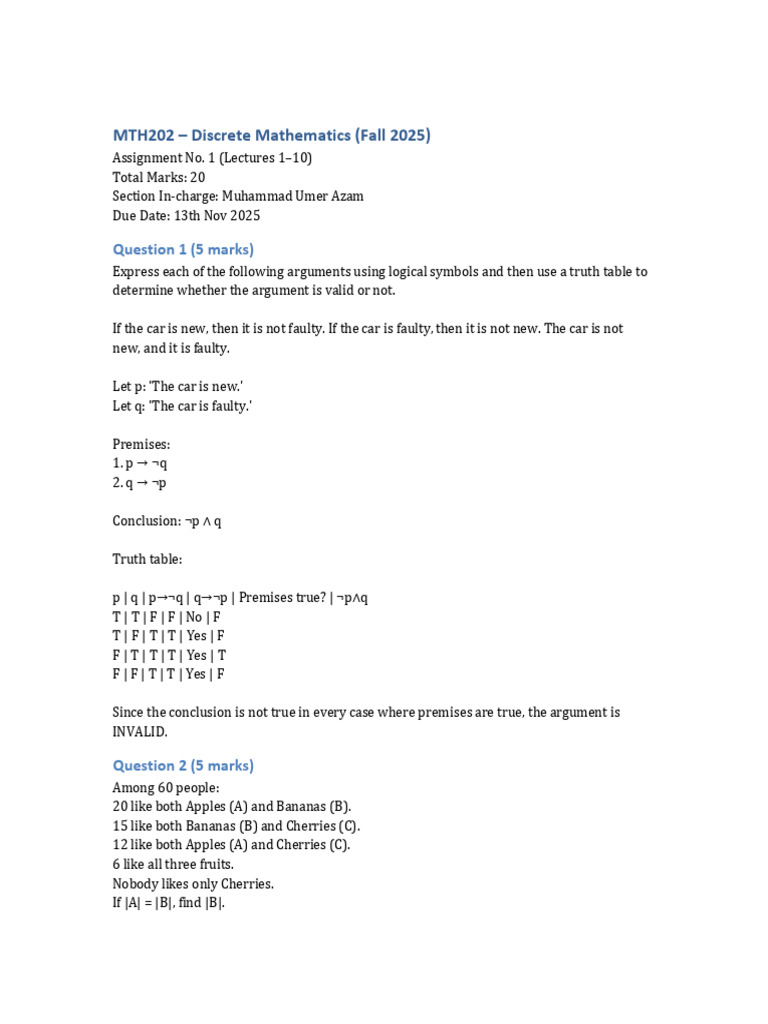 MTH202 Assignment1 Fall2025 Solution | PDF