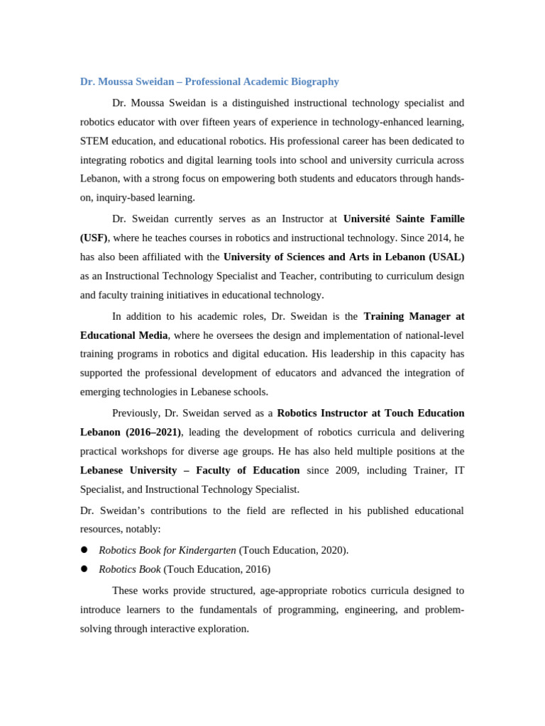 Dr. Moussa Sweidan: Robotics Educator Bio | PDF