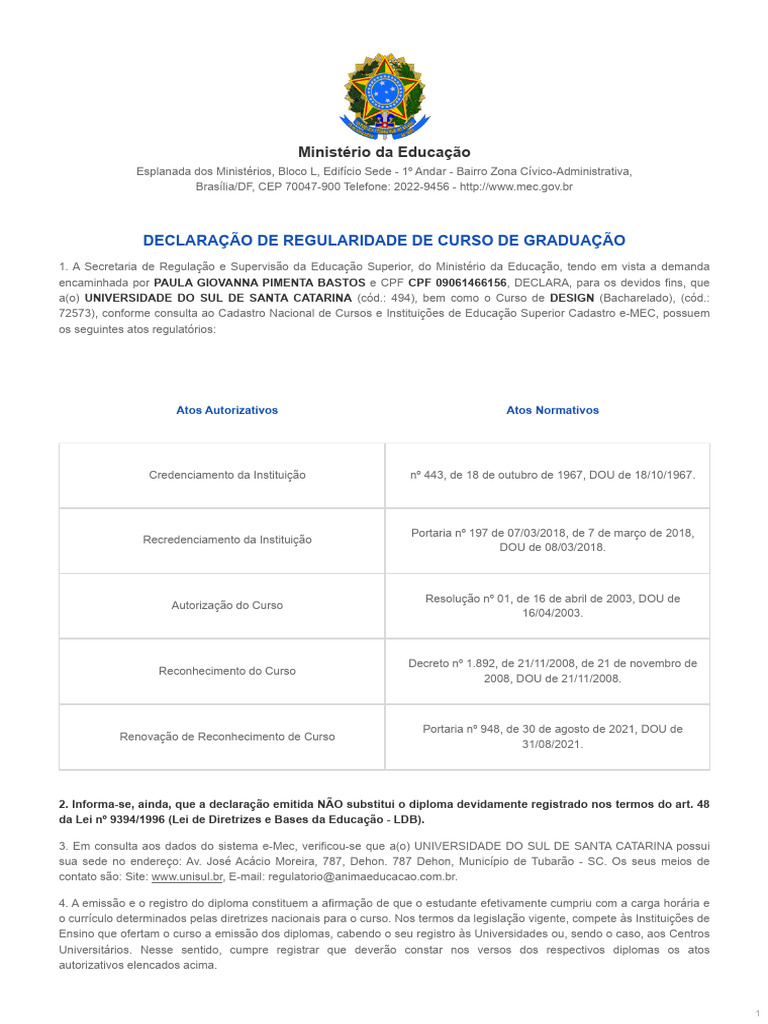 Declaração de Regularidade do Curso de Design | PDF | Universidade