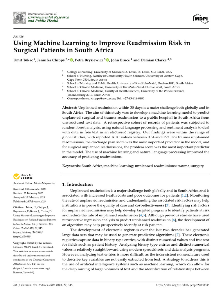 Using Machine Learning To Improve Readmission Risk in Surgical Patients in South Africa | PDF ...