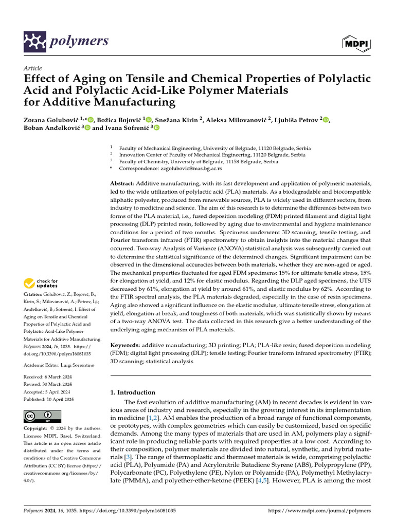 Effect of Aging on Tensile and Chemical Properties of PolylacticAcid and Polylactic Acid-Like ...