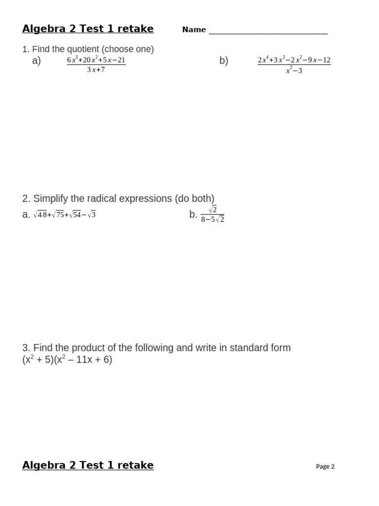 Algebra 2 Test 1 Retake 2022 | PDF