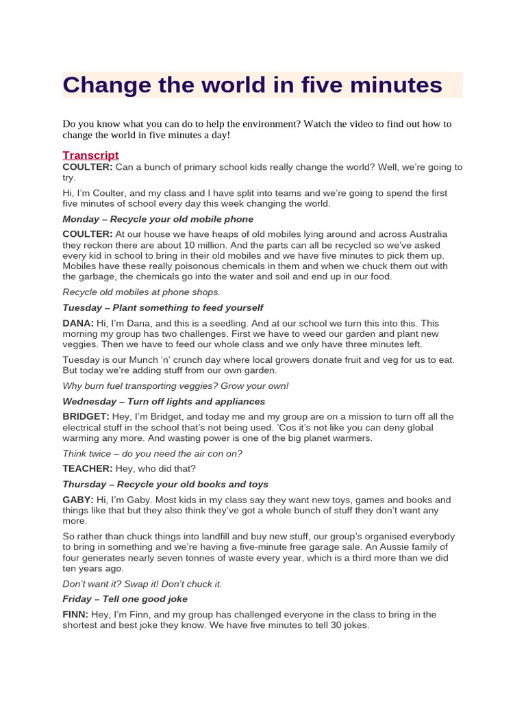 Change the World in 5 Minutes Daily | PDF | Waste