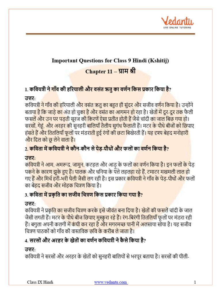 Gram Shree Important Questions For Class 9 Hindi Kshitij | PDF