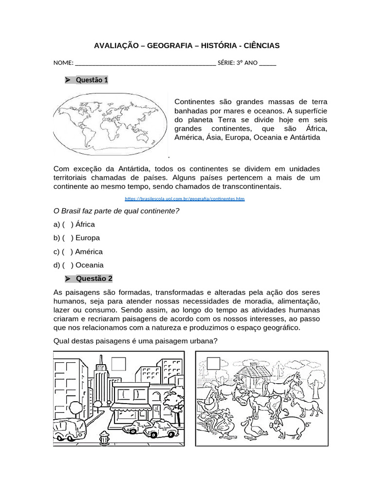 Avaliação de Geografia e Ciências 3º Ano | PDF | Continente | Geografia