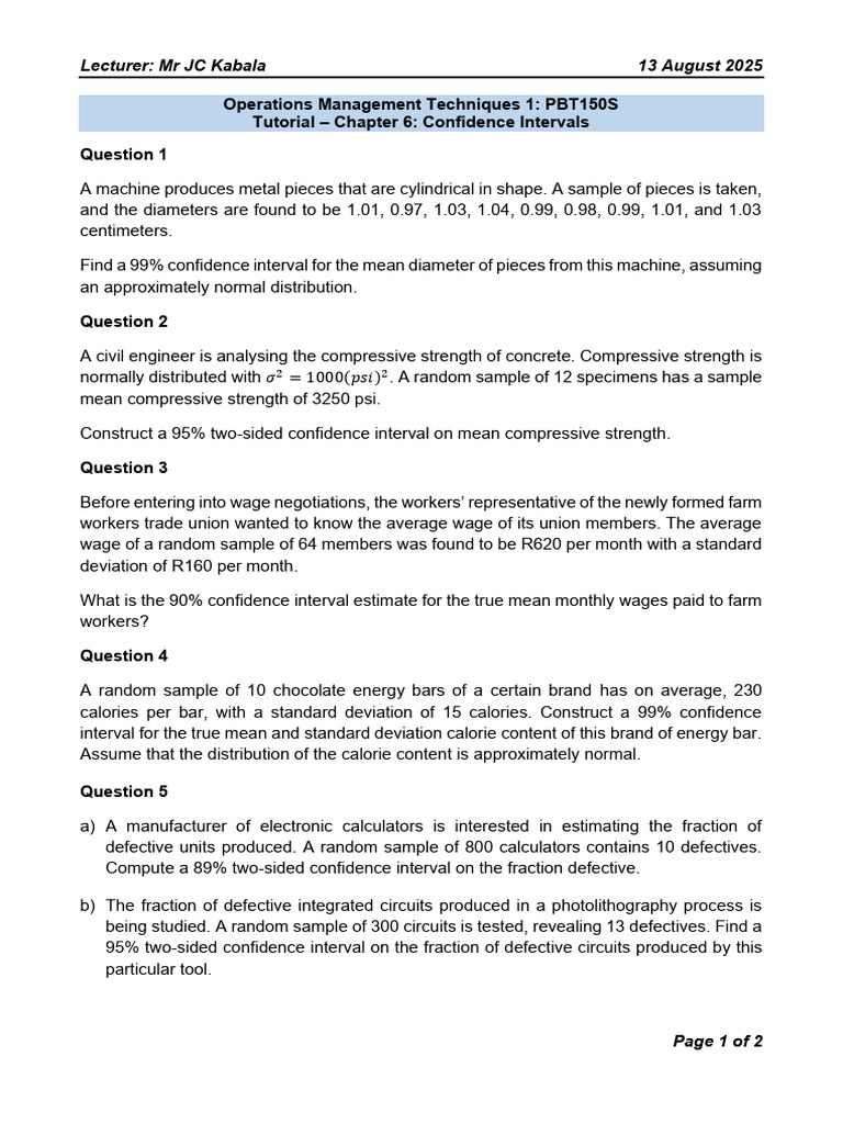 PBT150S - Tutorial - Chapter 6 - 2025 | PDF | Confidence Interval ...