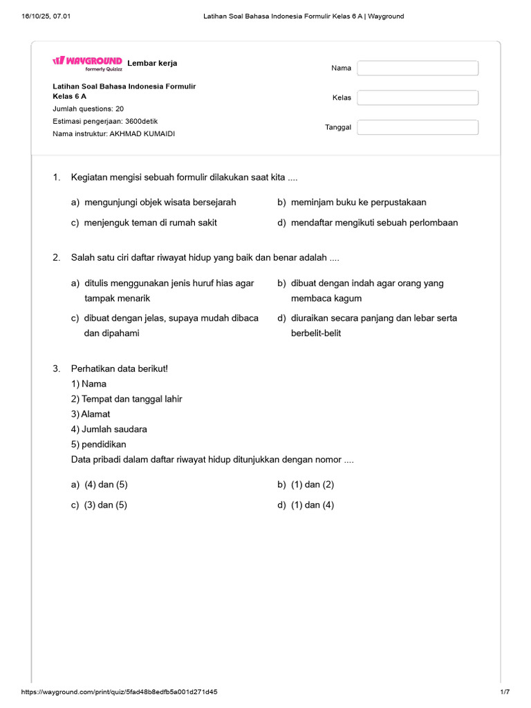 Latihan Soal Formulir Kelas 6 A | PDF
