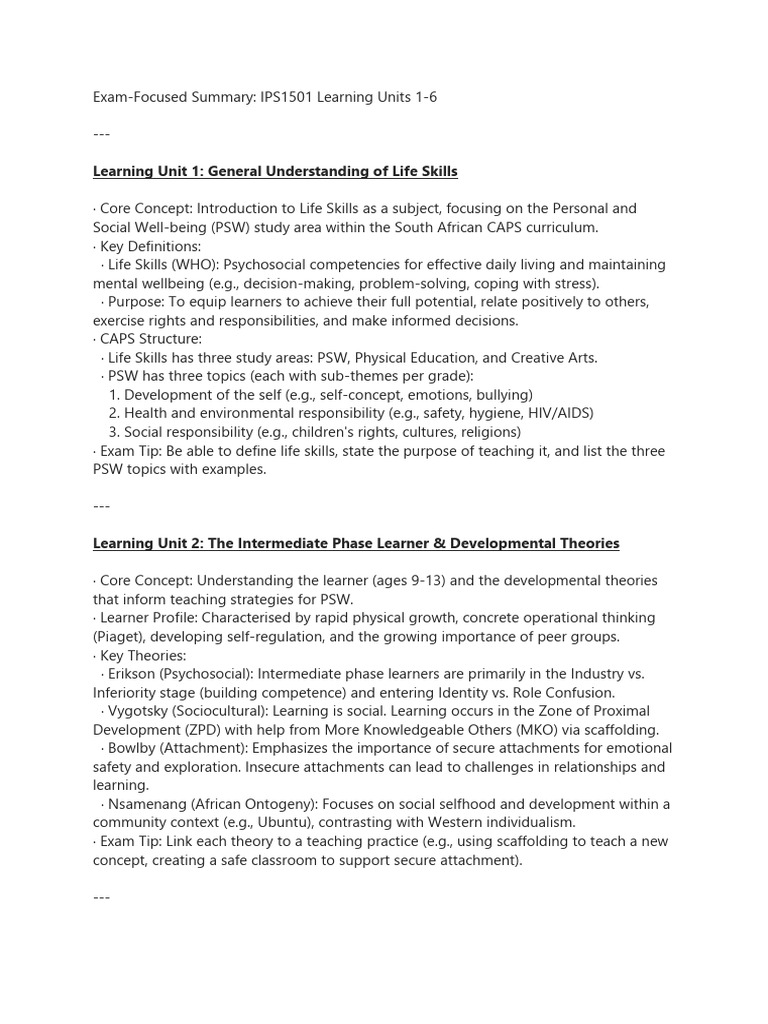 Exam-Focused Summary IPS1501 Learning Units 1 TO 6 | PDF | Educational Assessment | Learning