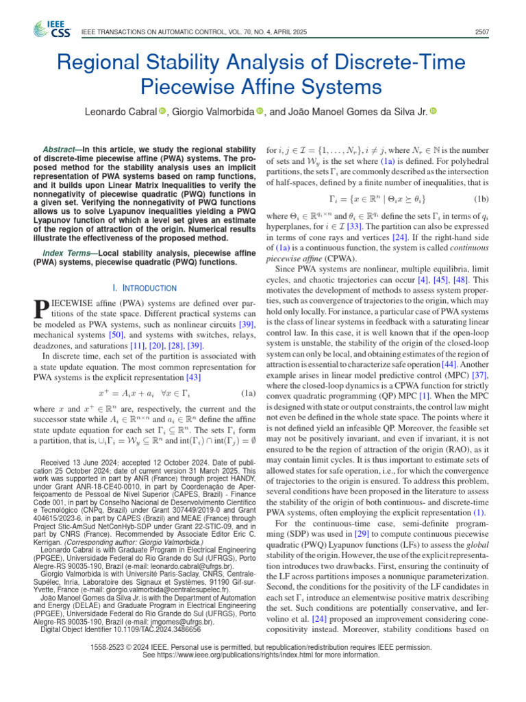 Regional Stability Analysis of Discrete-Time Piecewise Affine Systems | PDF | Function ...