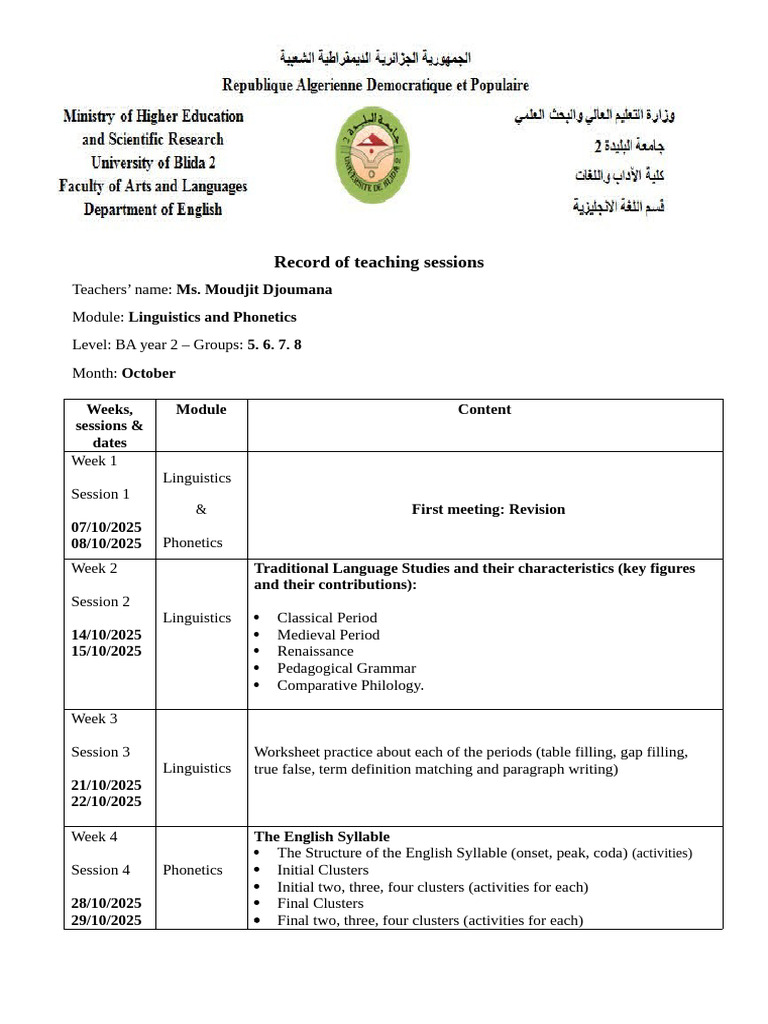 OCTOBER Record of Teaching Sessions | PDF