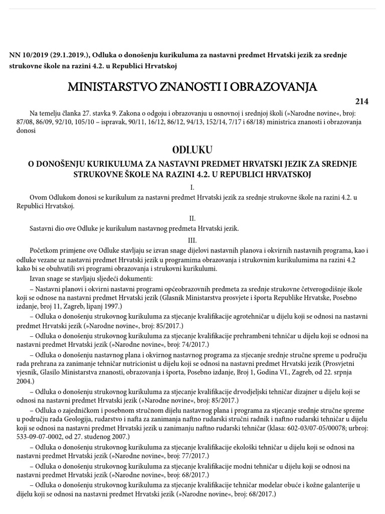 Odluka o Donošenju Kurikuluma Za Nastavni Predmet Hrvatski Jezik Za ...
