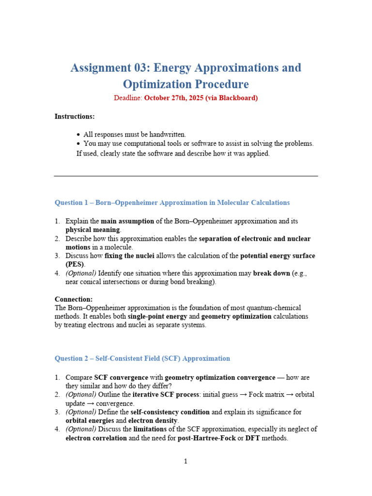 (CompChem) Assignment 03 - Energy Approximations and Optimization Procedure v4 | PDF ...