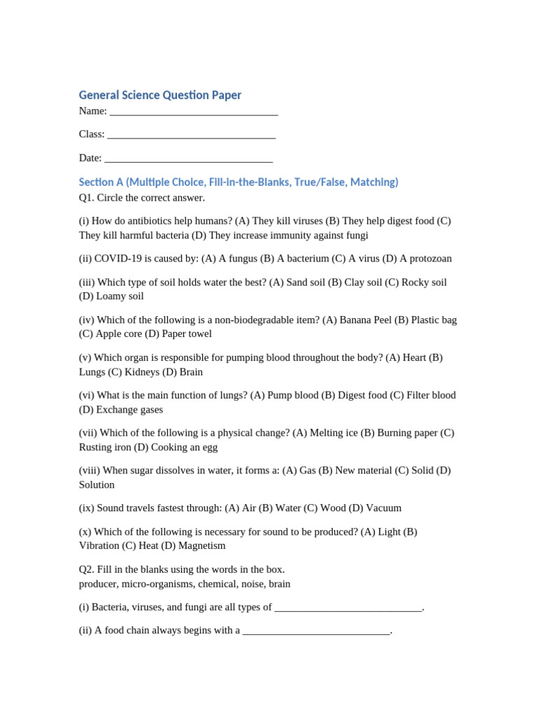 General Science Exam Question Paper | PDF | Microorganism | Water