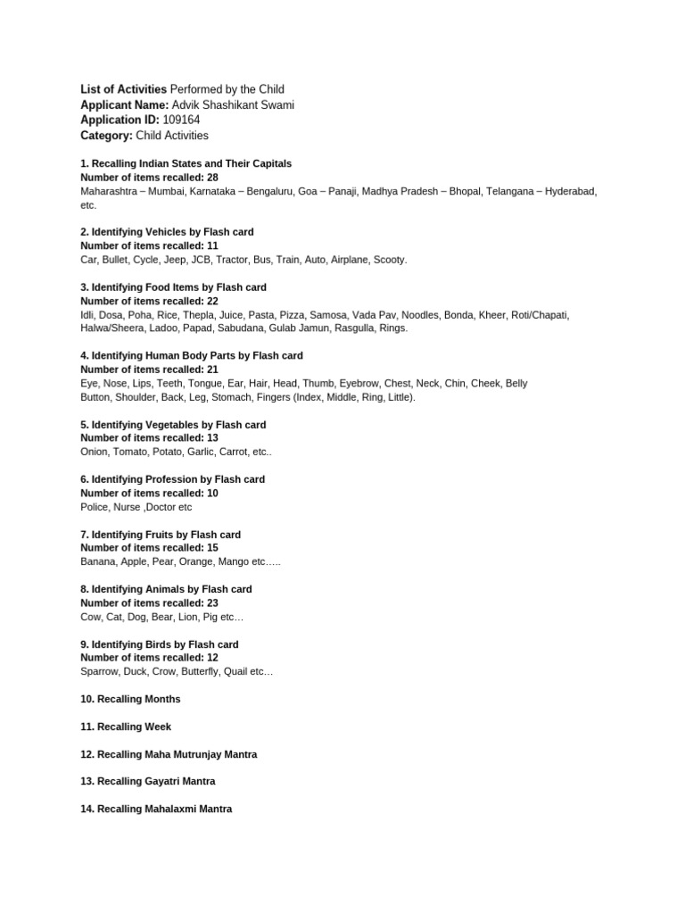 List of Activities Performed by The Child | PDF
