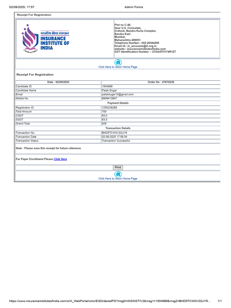 Registration Receipt for Palak Dugar | PDF | Payments