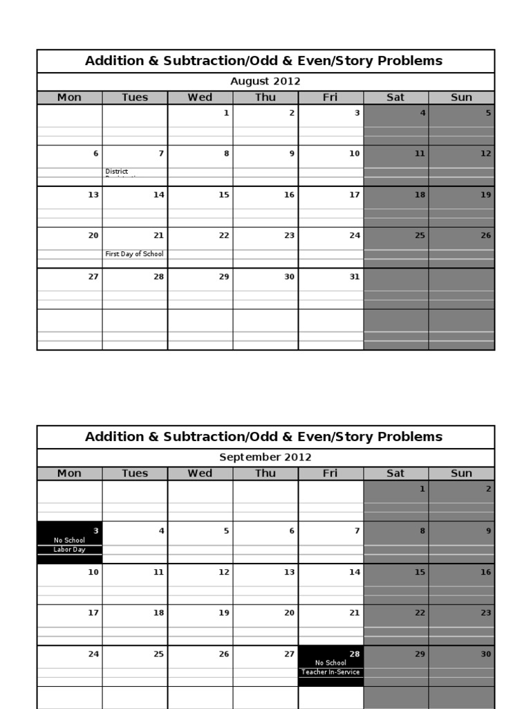 Addition & Subtraction/Odd & Even/Story Problems: August 2012 Mon Tues ...