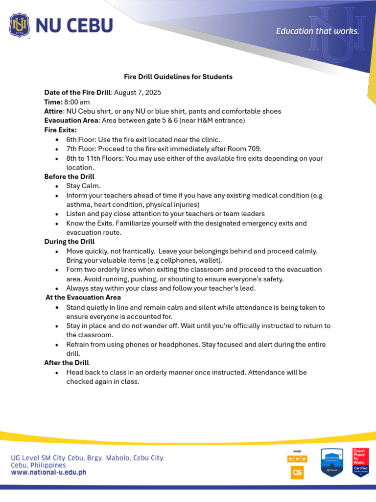Fire Drill Guidelines For Students | PDF