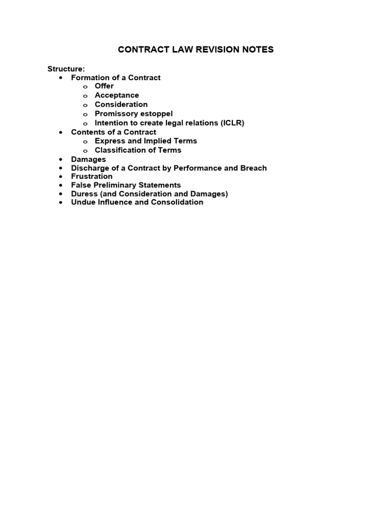 Contract Law Notes Pdf Offer And Acceptance Private Law