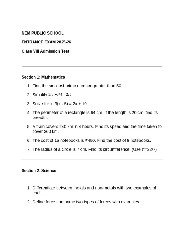 Entrance Exam Class VIII | PDF