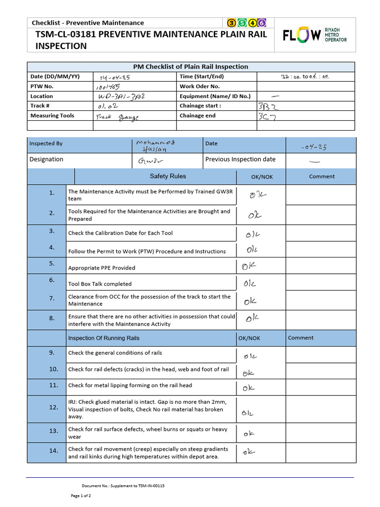 TSM-CL-03181 L3 - PM - Plain Rail Inspection - Checklist 1 2 | PDF