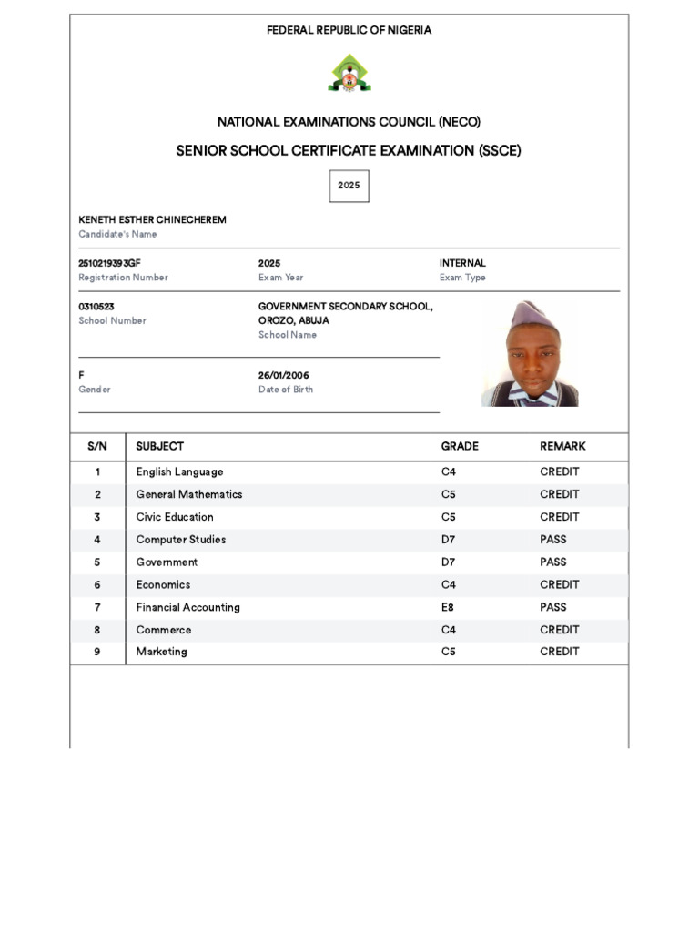 NECO Results Portal | PDF