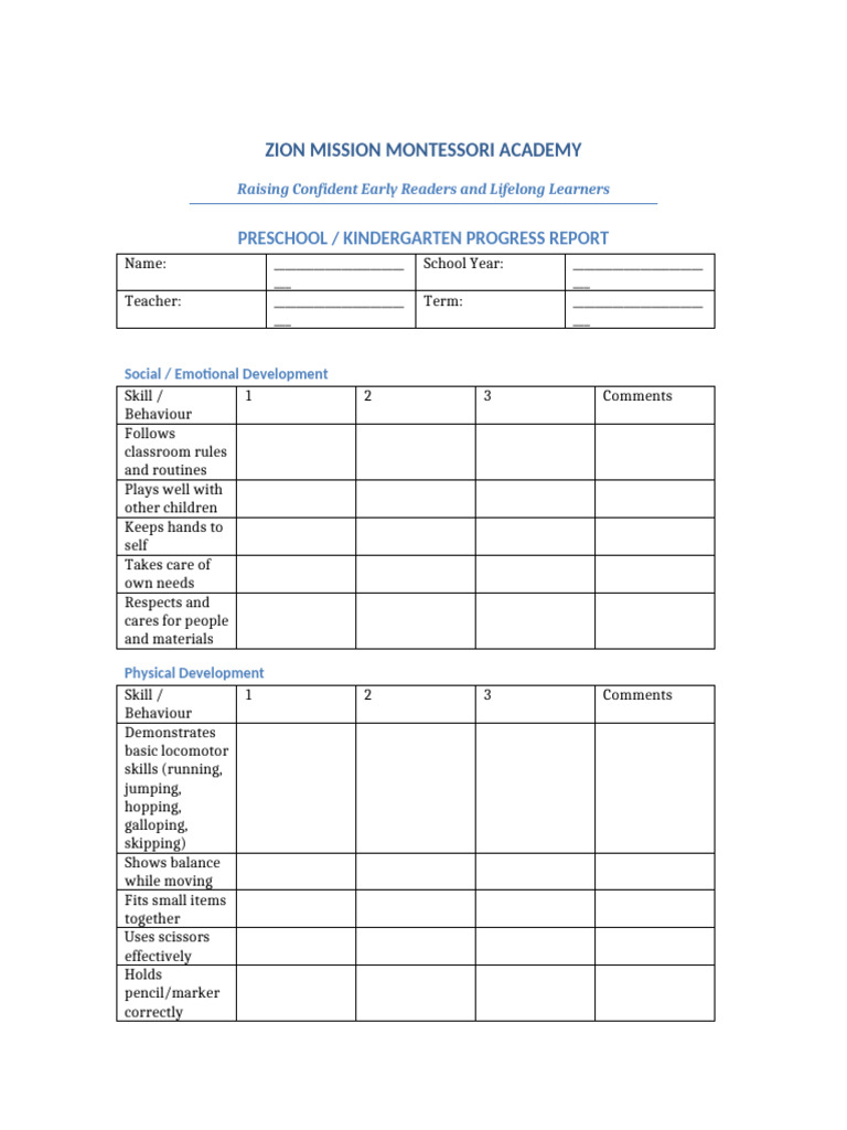 Zion Mission Montessori KG Progress Report | PDF