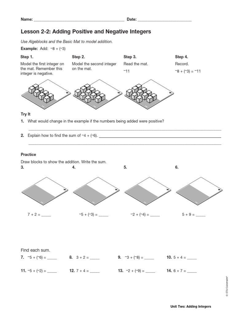 Subtracting Positive and Negative Integers Cubes and Mat | PDF ...