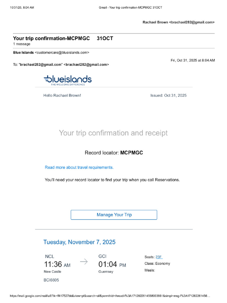 Rachael Flight Confirmation | PDF