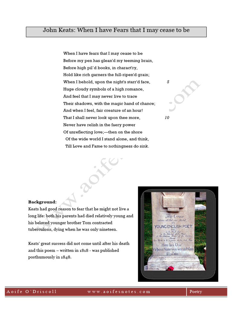 Keats' Fears of Mortality and Legacy | PDF | Poetry | Sonnets