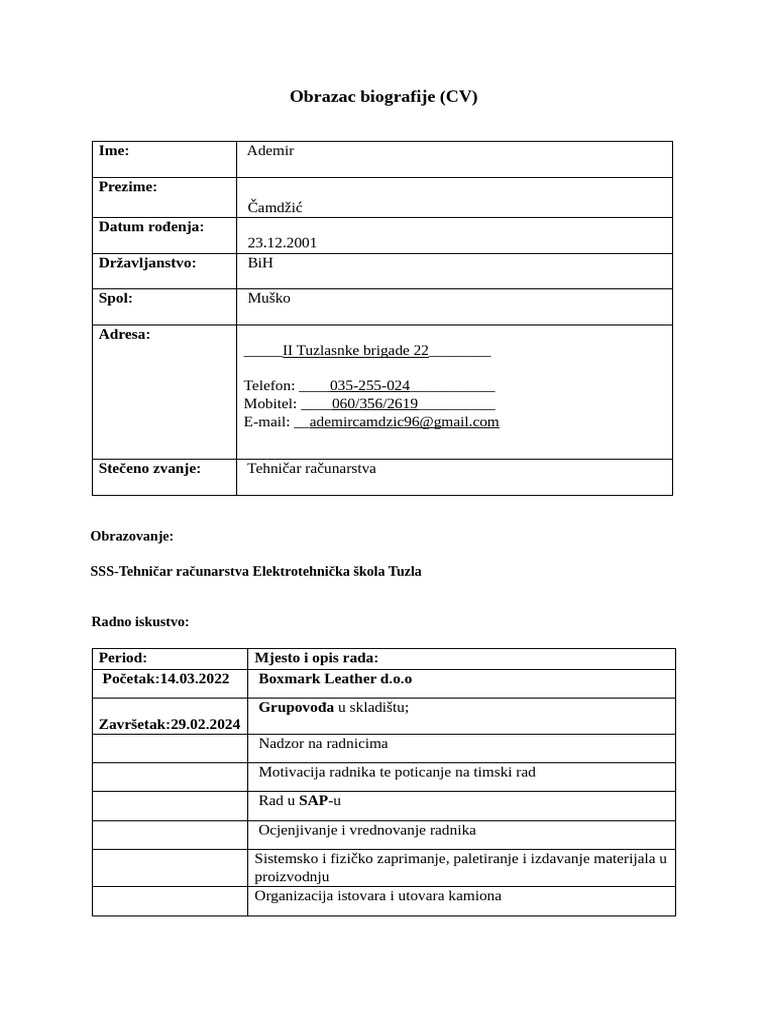 Obrazac Biografije CV | PDF