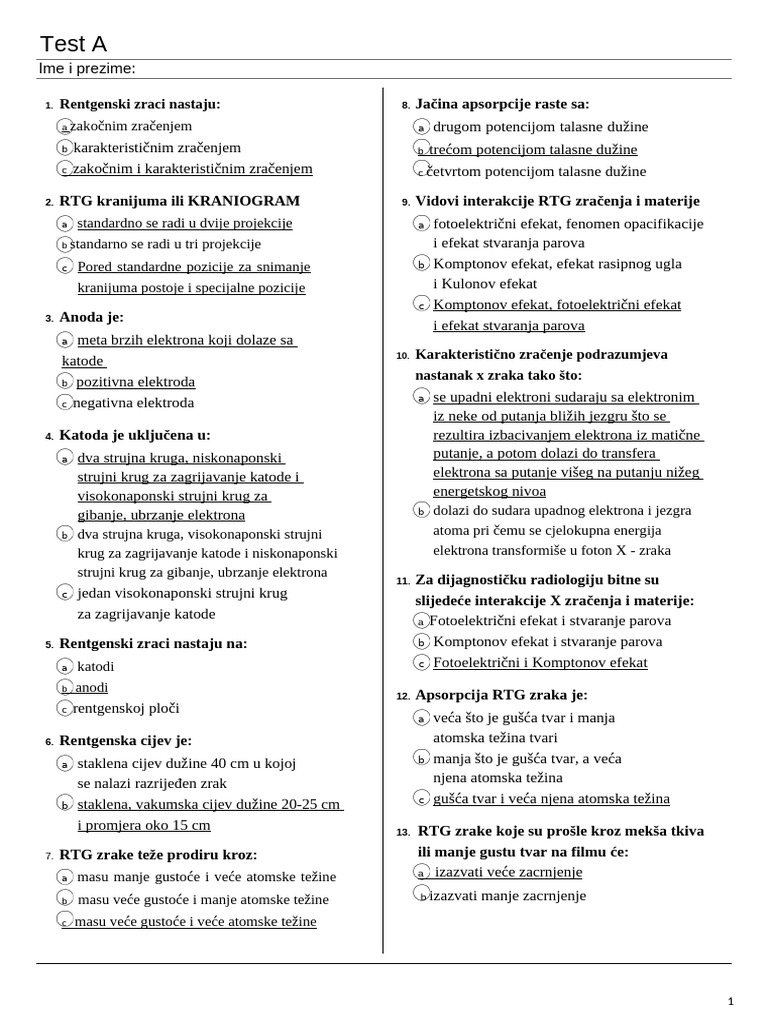 Testovi I Ispitna Pitanja Iz Radiologije Sve | PDF