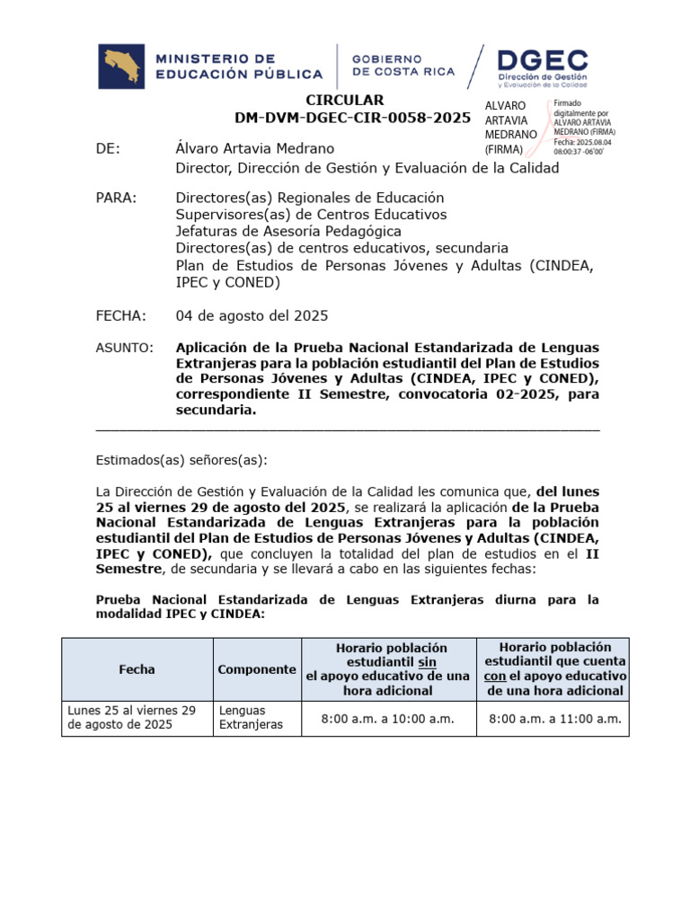 Circular Dm-dvm-Ac-dgec-cir-0058-2025 Lenguas Extranjeras Cindea, Ipec y Coned - 02-2025 1 | PDF