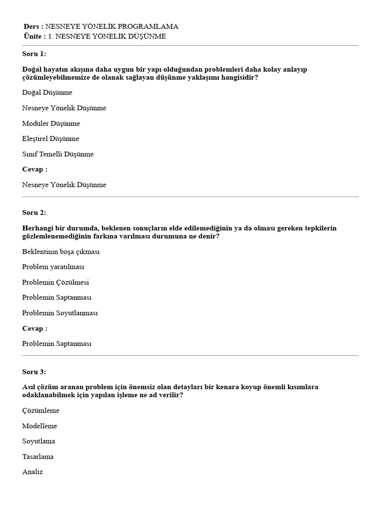 Nesneye Yönelik Programlama Ünite Soruları | PDF