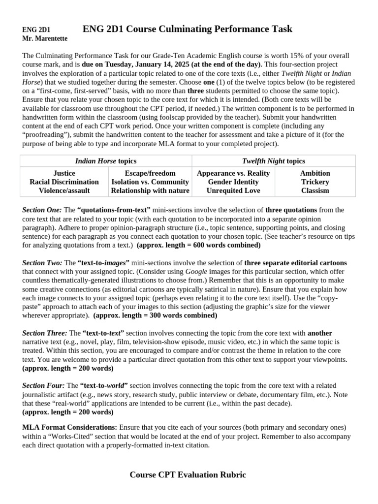 ENG 2D1 Course CPT (Fall 2024 Revised) | PDF | Human Communication