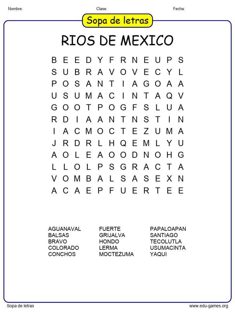 Sopa de Letras: Ríos de México | PDF