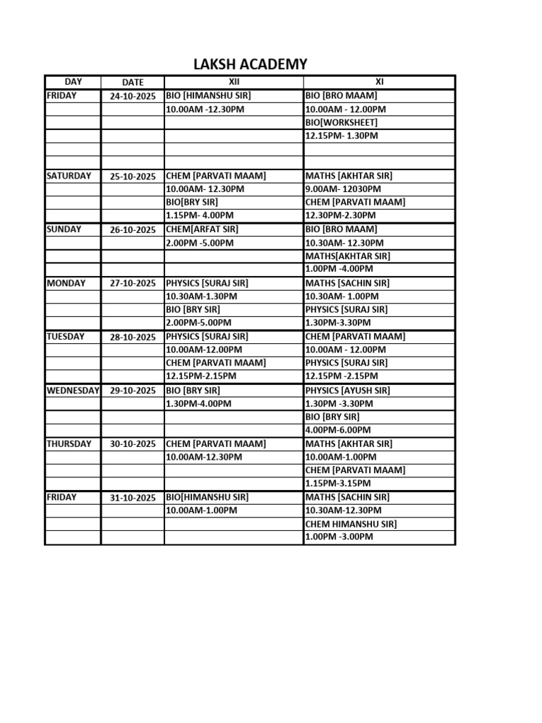 Weekly Class Schedule for Laksh Academy | PDF