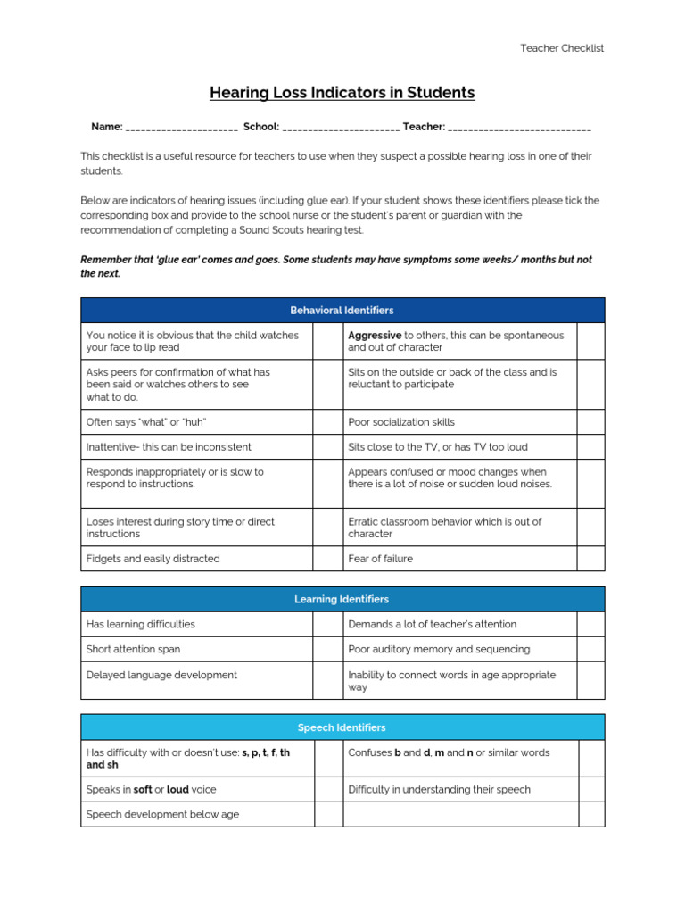 SoundScouts Pre-Hearing Test Teacher Checklist | PDF | Diseases And ...
