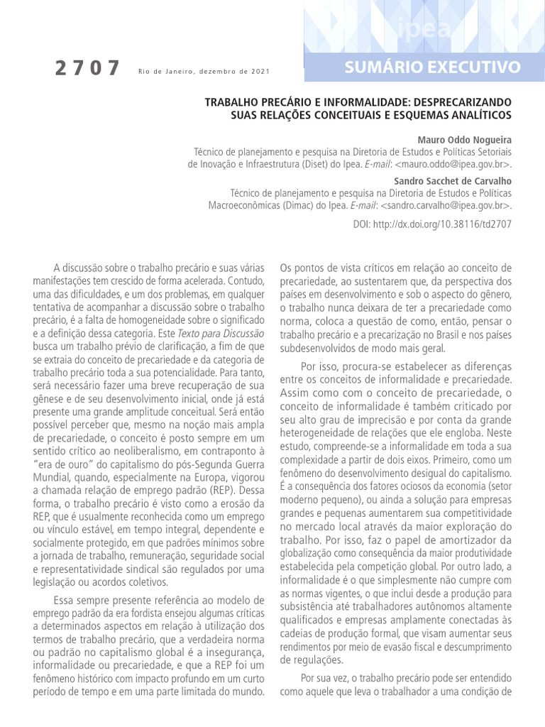 Trabalho Precário e Informalidade no Brasil | PDF | Capitalismo | Emprego