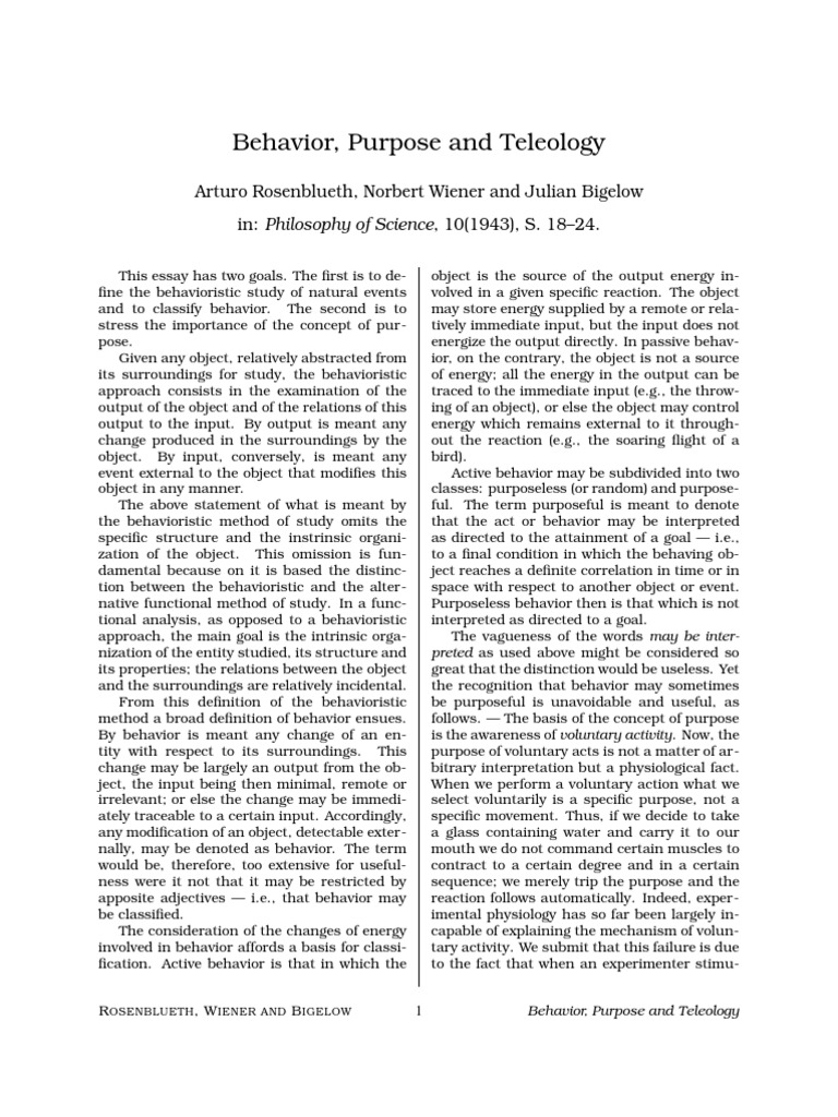 Behavior, Purpose, and Teleology (Rosenblueth, Wiener, Bigelow) | PDF ...