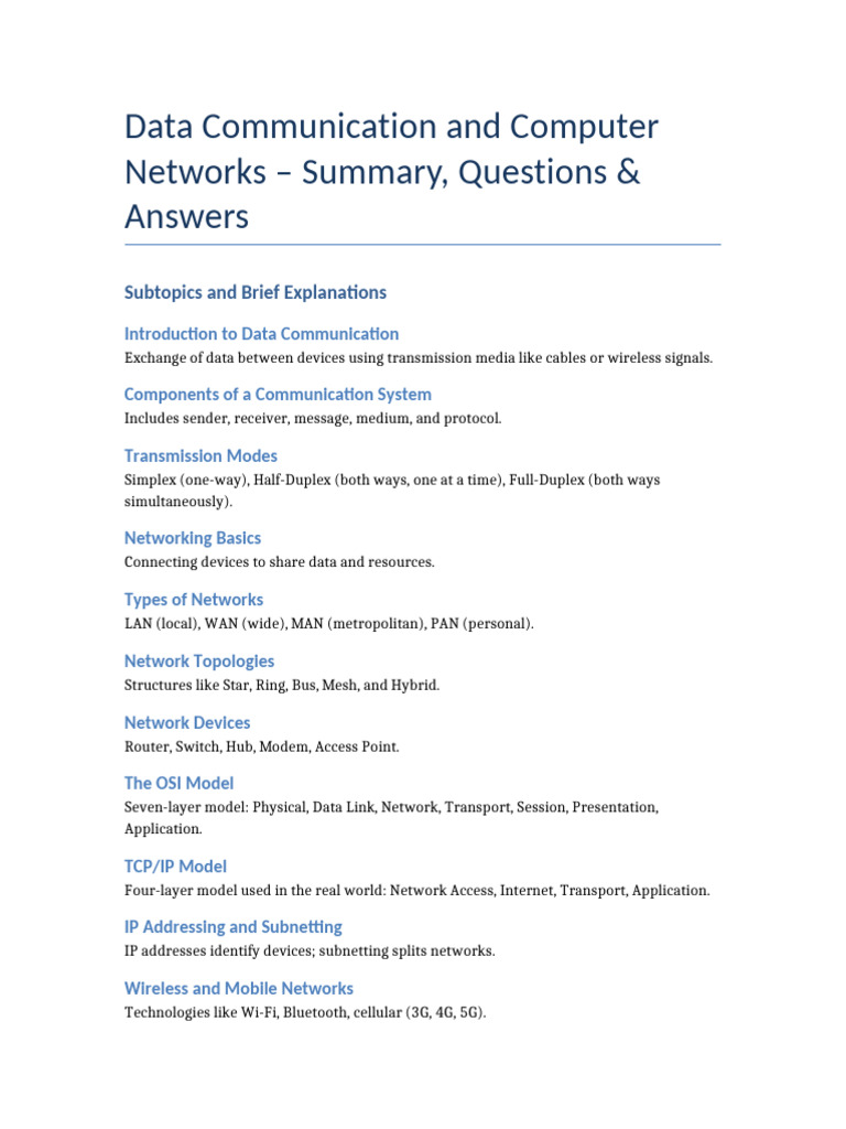 Network Communication Summary QA | PDF | Computer Network | Internet Protocol Suite