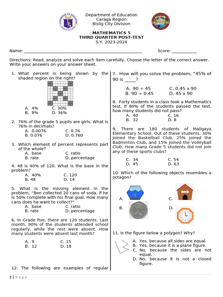 Grade 5 Math Third Quarter Test | PDF | Circle | Geometry