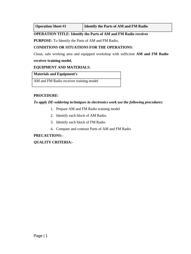 Operation Sheet | PDF | Troubleshooting | Soldering