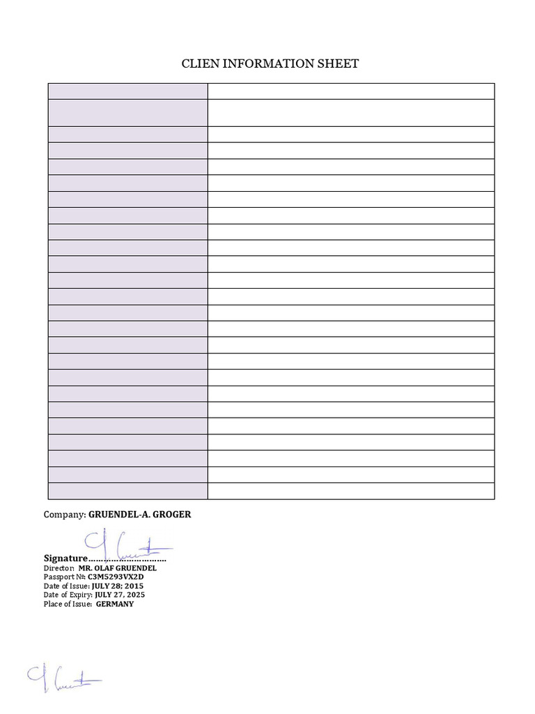 Client Information Sheet for Gruendel-A. Groger | PDF