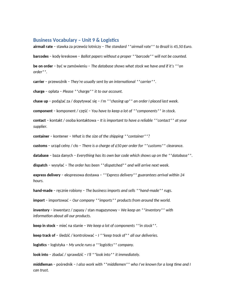 Business Vocabulary Unit9 Logistics | PDF | Warehouse | Supply Chain