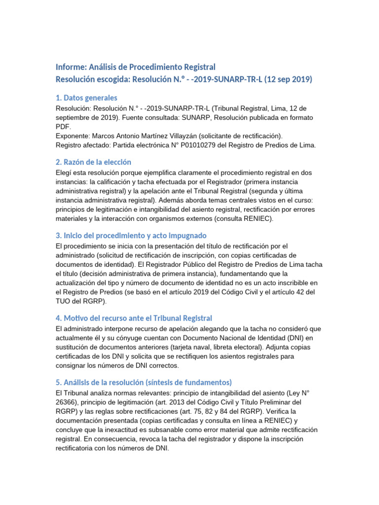 Informe Procedimiento Registral Resolucion 2346-2019-SUNARP-TR-L | PDF | Apelación | Justicia