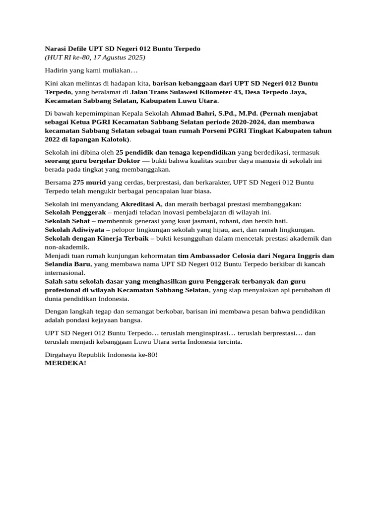 Narasi Defile UPT SD Negeri 012 Buntu Terpedo | PDF