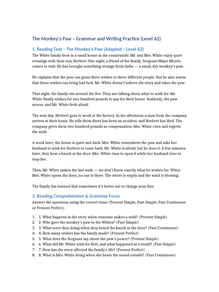 The Monkeys Paw Reading Grammar Writing A2 | PDF