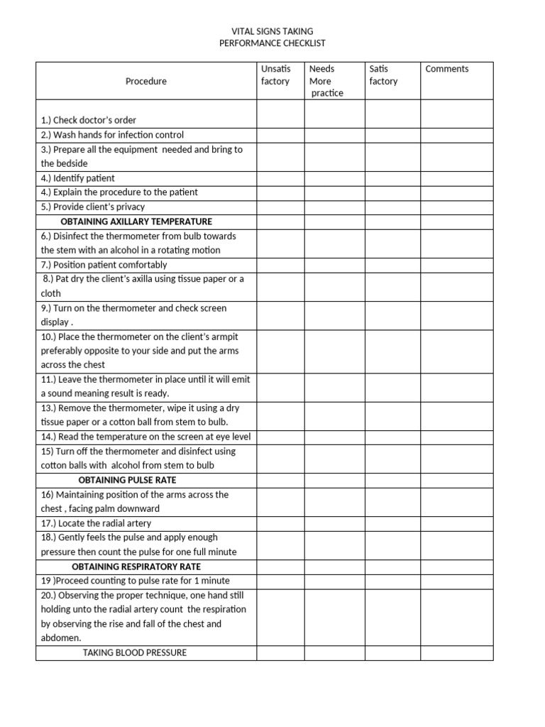Vital Signs Performance Checklist | PDF | Pulse | Cardiovascular System