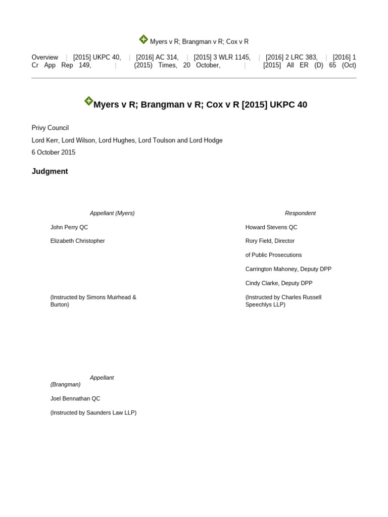 Myers V R Brangman V R Cox V R (2015) UKPC 40 | PDF | Relevance (Law ...
