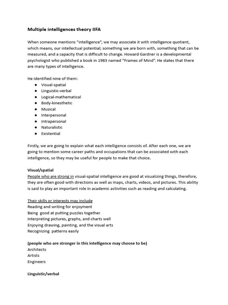 Multiple Intelligences Theory IIFA | PDF | Intelligence | Neuroscience